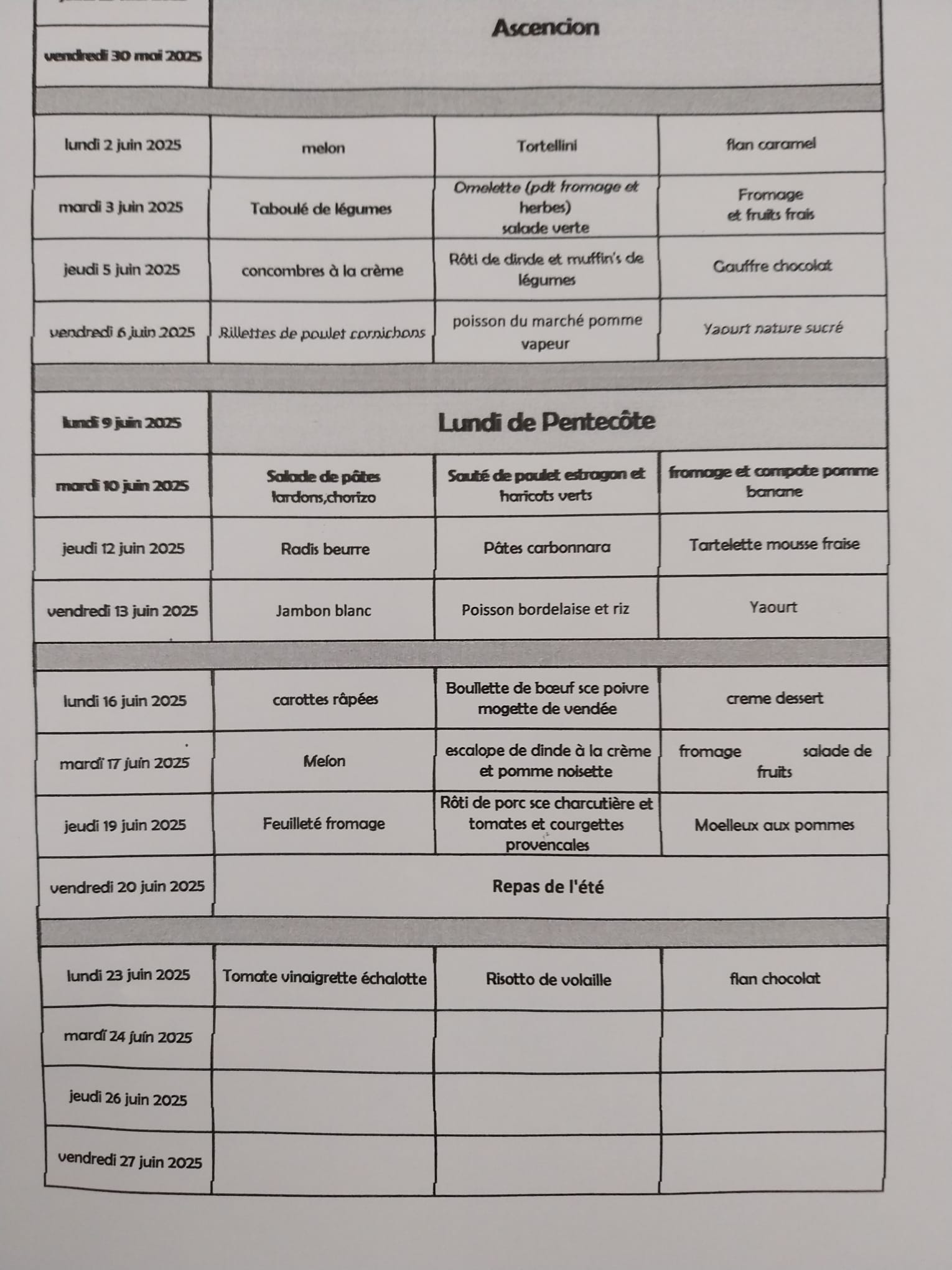 Menus Cantine – École Sainte Marie La Châtaigneraie